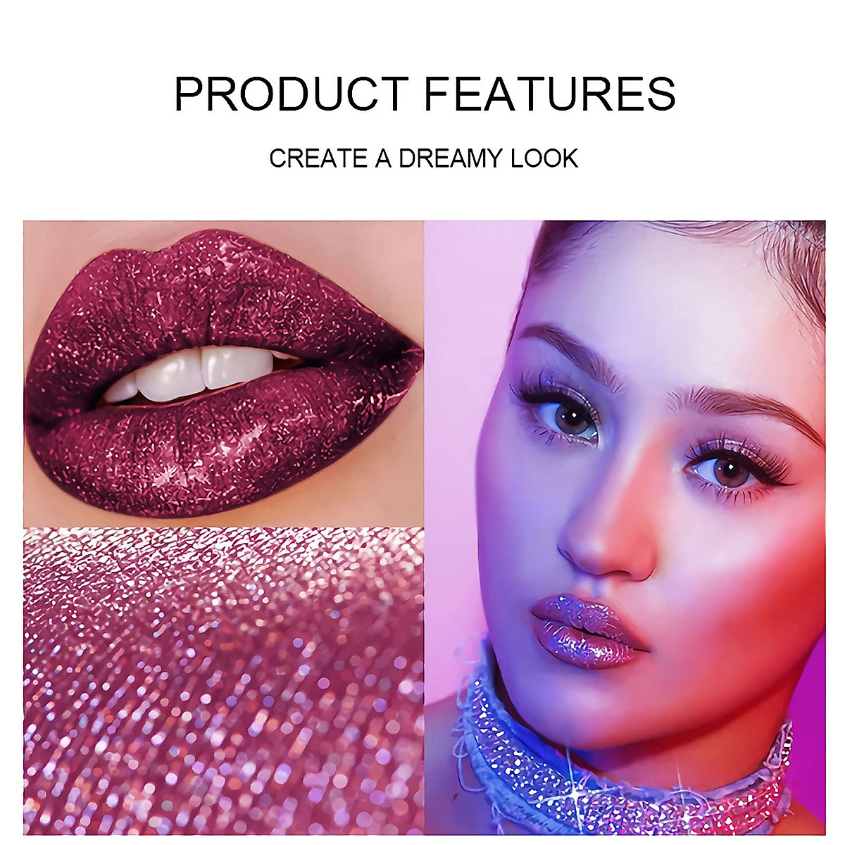 4 Colors Glitter Lipsticks Diamond Shimmer Metallic Lip Stick Set Kit Long Lasting, Purple Red Matte to Glitter Sparkle Sparkly Glossy Liquid Lipstick Lip Gloss Set for Women Lips Make up