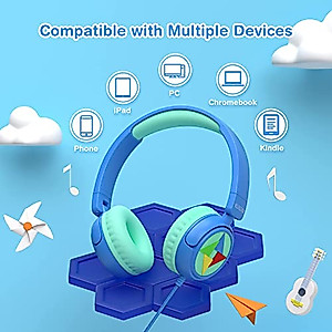 ELECDER i43 Kids Headphones with Microphone 85dB 94dB Volume Limited 3.5mm Jack Foldable Adjustable Wired On Ear Headphones for Children Girls Boys Teens Cellphones PC Kindle School Tablet Blue/Green