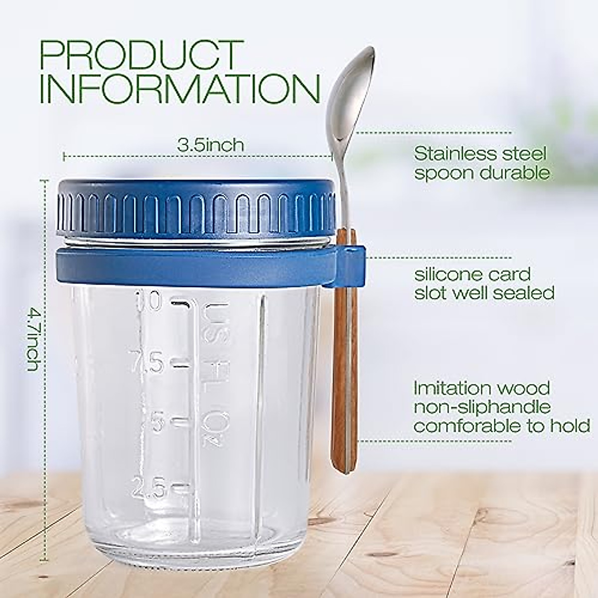 Hoa Kinh Overnight Oat Containers with Lids and Spoon 16oz 2Pack Glass Mason Jars for Overnight Oats, Cereal, Milk, Vegetable and Fruit Salad, Airtight Jars with Two Measurement Marks(Pink and Blue)