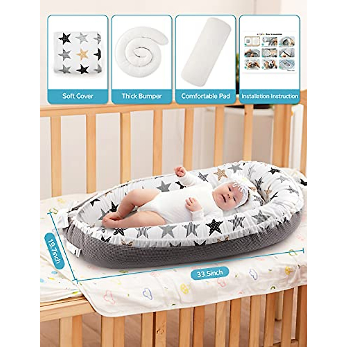 Mestron Baby Nest for 0-12 Months,Baby Lounger Baby Snuggle Infant Bassinet Mattress Insert Soft & Breathable Cotton Portable Infant Floor Seat Co-Sleeping (Star)