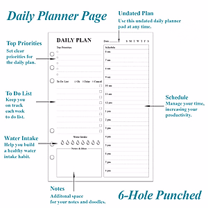 ZGMJ Undated Daily Planner Refill - A5 Day Planner Insect To Do List, 100 Sheets/200 Pages Planner and Lined Refill, 6-Hole Punched, 100 gsm White Paper, 5.8'' x 8.3''