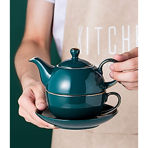 Jusalpha Dark Turquoise Green Fine China 16 OZ Teapot- Tea cup- Saucer Set, Tea-for-One set #08