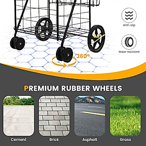 S AFSTAR Shopping Cart with Oxford Liner Bag, 27 Gal Folding Grocery Cart on Wheels, Double Basket, 330 LBS Weight Capacity, Portable Granny Cart Shopping Cart for Market Laundry (Black)