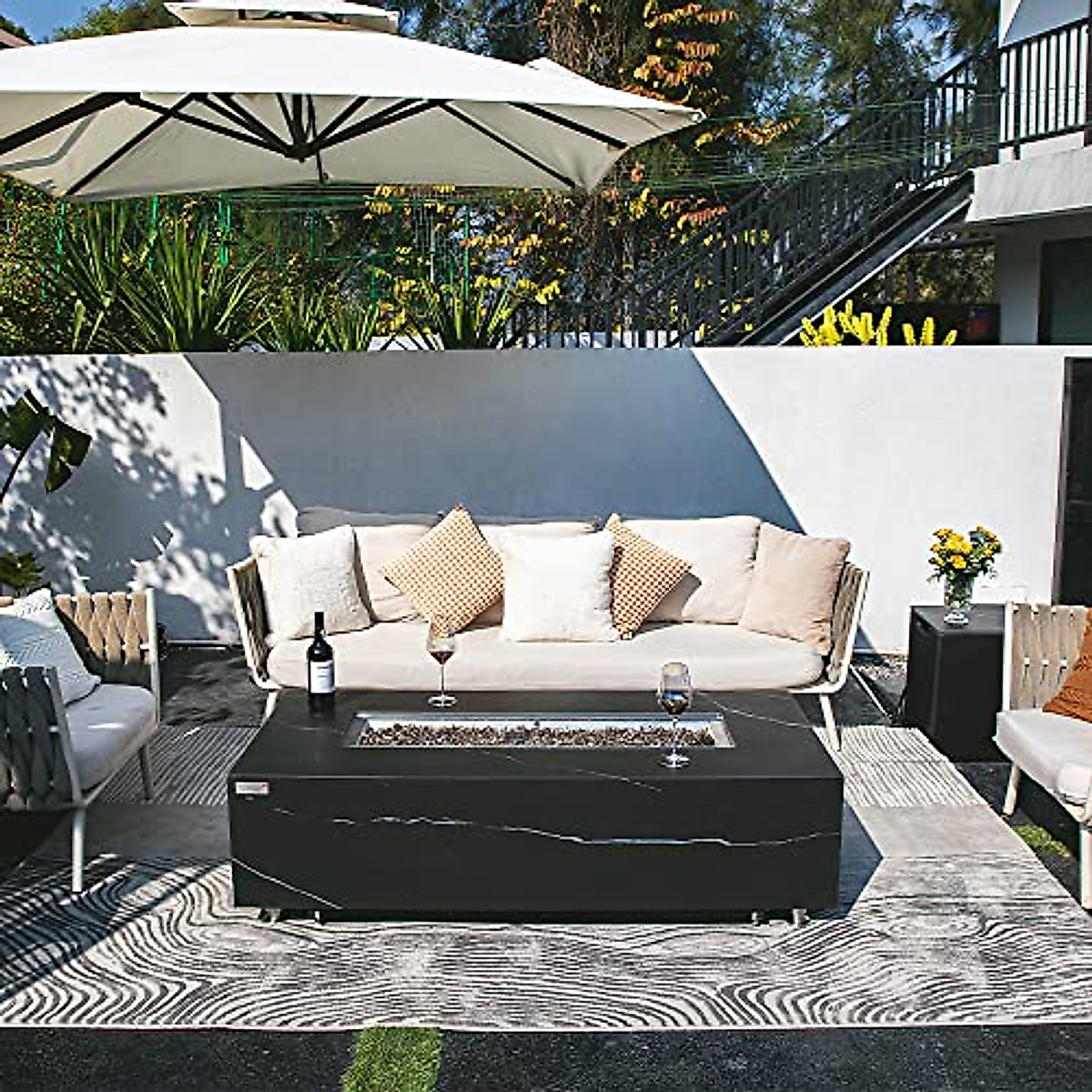 Varna Marble Fire Pit 59.8" x 28" Outdoor Patio Firepit Includes Fire Glass Modern Fire Pits & Outdoor Fireplaces for Garden, Deck, Indoor & Outdoor Heating