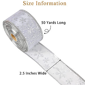 CCINEE Snowflake Christmas Organza Ribbon 2.5"X 50 Yards Silver Snowflake Wired Sheer Glitter Ribbon for Xmas Tree Decor Gift Wrapping Craft Party Decoration