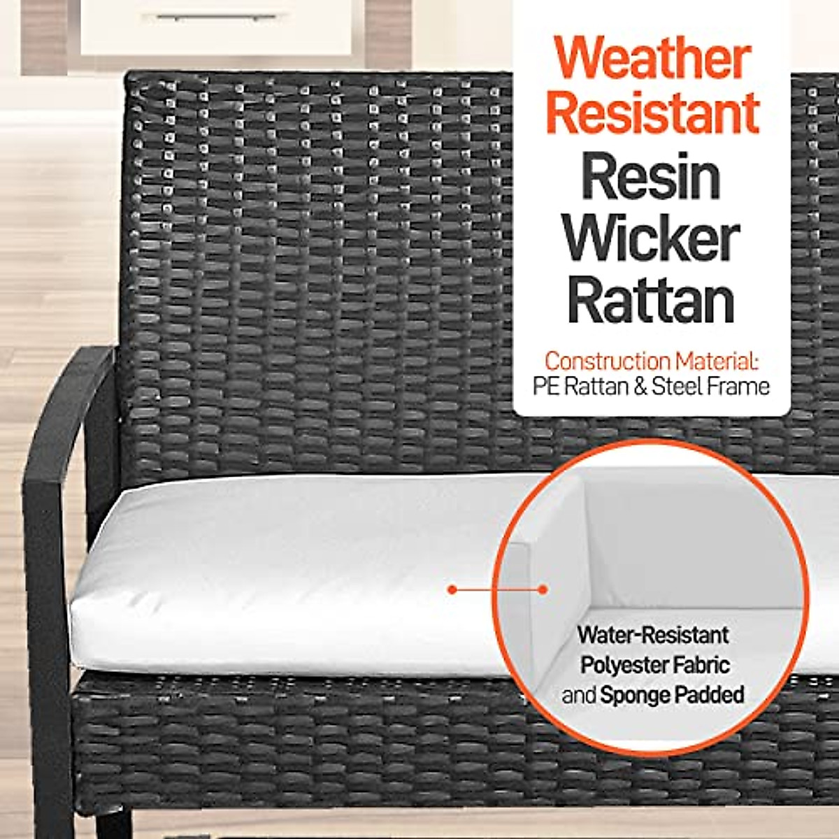 SereneLife 4 Piece Conversation/Chat Set, Outdoor Living Rattan Furniture, includes 1 Double & 2 Single Chairs with Cushion & 1 Glass-top Coffee Table, Black