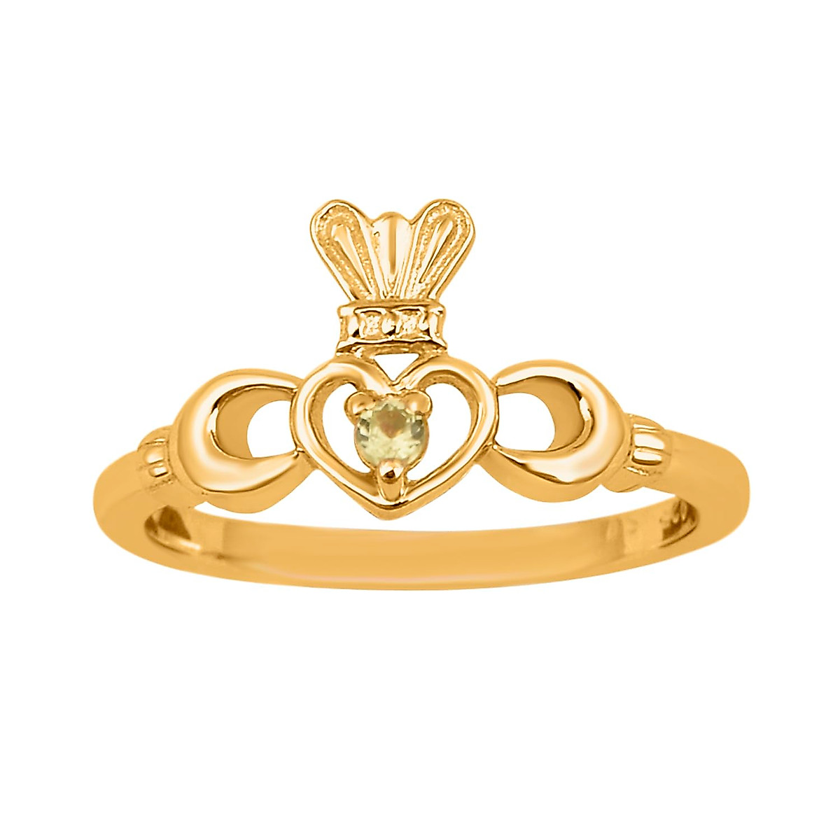 MOONEYE Multi Choice Your Gemstone Petite Claddagh 0.02 Ctw 925 Sterling Silver Yellow Gold Plated Crown Ring (7, peridot)