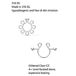 Kadogohno Fake Faux Non Piercing No Pierce Clip On Cute Metal Body Piercing Rings Barbells Jewelry Set for Women Hypoallergenic Stainless Steel