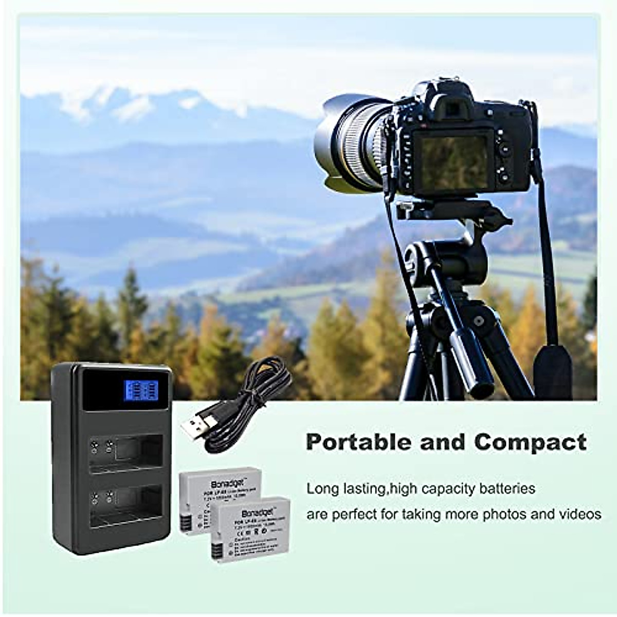 Bonadget 2Pack LP-E8 Battery Packs and LCD Dual Charger Compatible with Canon Rebel T3i T5i T2i T4i,EOS 700D 600D 550D 650D,Kiss X4 X5 X6 X6i X7i Digital Camera