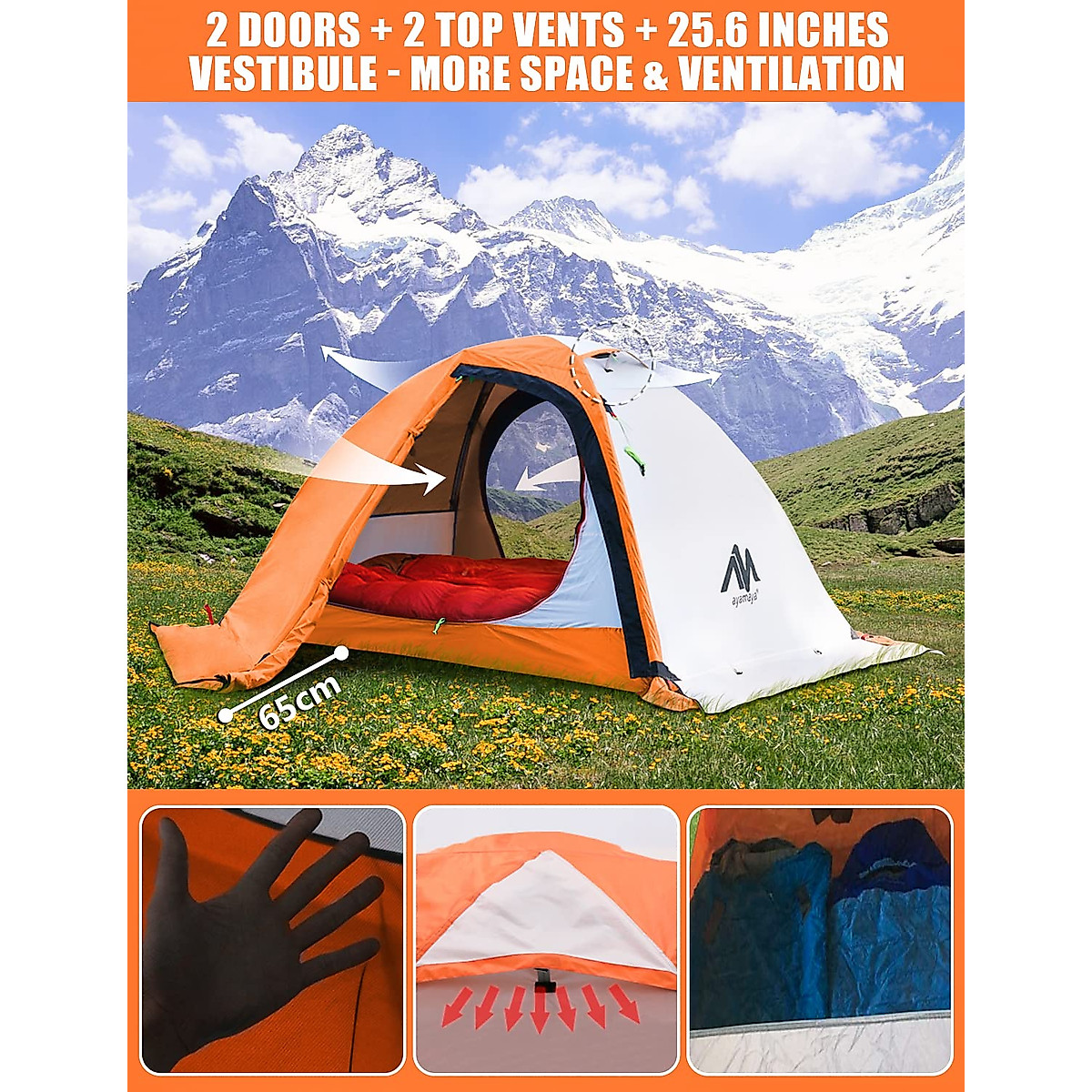 AYAMAYA 4 Season Backpacking Tent 2 Person Camping Tent Ultralight Waterproof All Weather Double Layer Two Doors Easy Setup 1 2 People Man Tents for Backpacker Outdoor Hiking