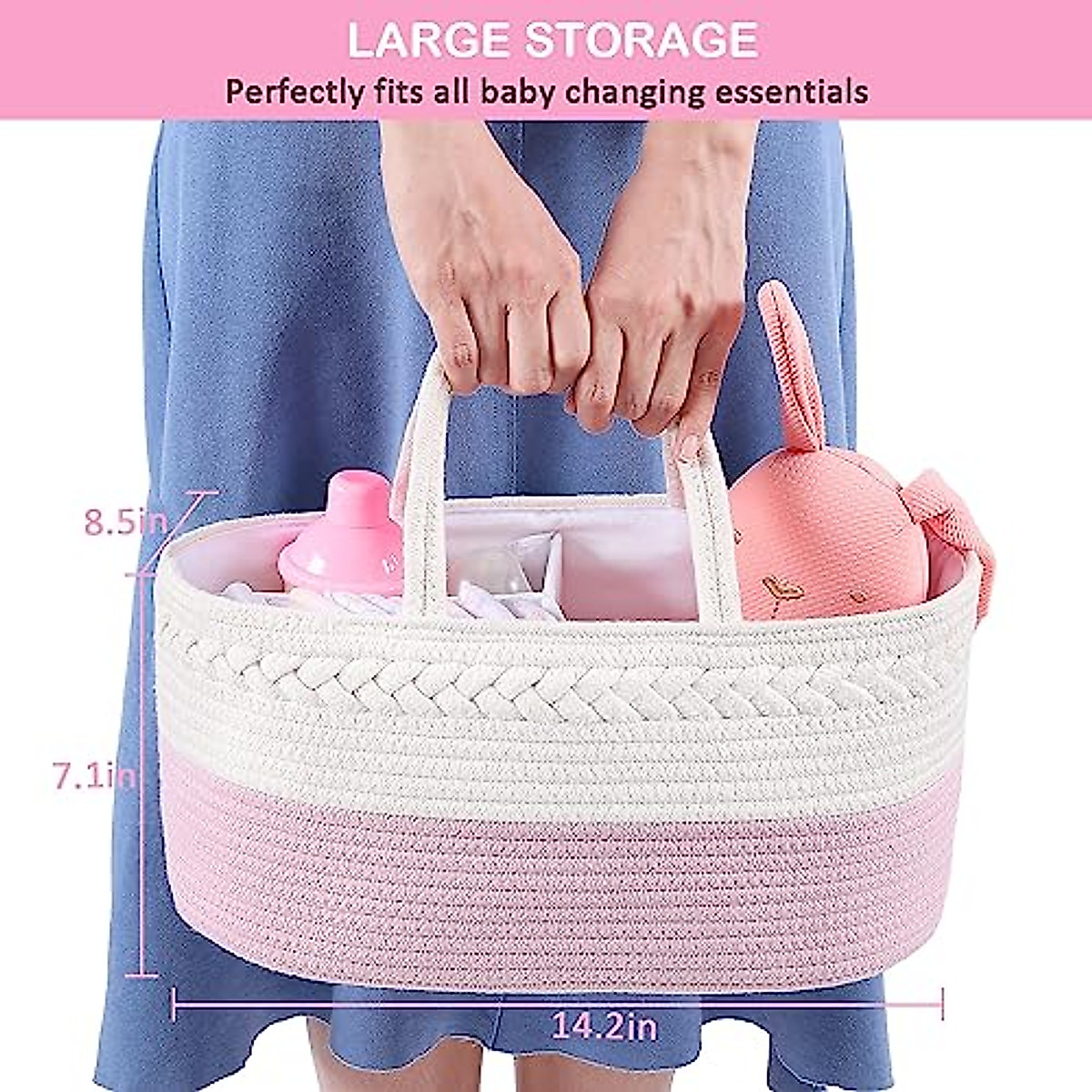ABenkle Diaper Caddy Organizer, Stylish Cotton Rope Baby Basket Changing Table Nursery Storage Bin Portable Car Organizer, Girls Gifts Tote Bag for Baby Shower, Pink