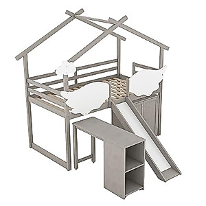 BIADNBZ Twin Size House Bed Frame with Slide, Pullable Storage Desk and Wardrobe Storage, Wooden Low Bedframe w/Wing-Shaped Fence and Ladder, for Kids Teens Bedroom Dorm, Worn Gray+White