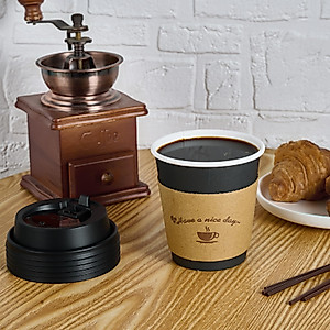 LITOPAK 100 Pack 10 oz Paper Coffee Cups, Drinking Cups for Hot Coffee Chocolate Drinks, Disposable Coffee Cups with Lids, Sleeves and Stirring Sticks, Black Hot Coffee Cups for Home and Cafes.