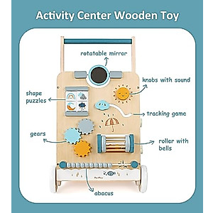 PairPear Wooden Baby Walker Push and Pull Toys,Toddler Speed Adjustable Push Walker Activity Cencer with Shape Sorter Toys Gift for Boys Girls 1 2 3 Years