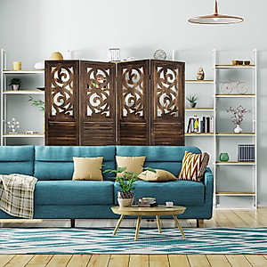 4 Panel Room Dividers, 6FT Carved Wood Room Divider Partition Room Dividers Wall Wooden Carved Folding Privacy Screens Foldable Panel Wall Divider for Office Restaurant, Rustic Brown