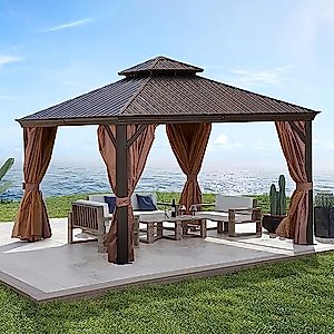12' x 12' Hardtop Gazebo, Double Roof Permanent Patio Metal Gazebo Canopy with Netting and Shade Curtains, Drainage Ditch Design, Aluminum Pergola for Patio Backyard Deck and Lawns