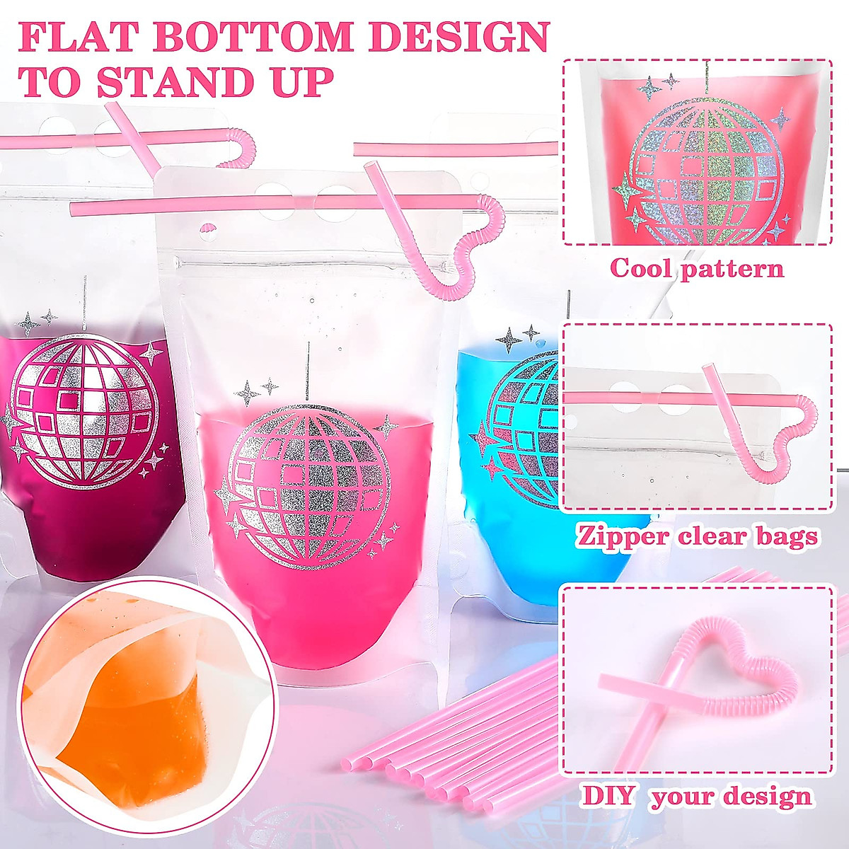 Hoolerry 72 Pcs Disco Pouches for Drinks Adult Drink Pouches 70s Disco Party Drink Pouches with Straws Resealable Disco Theme Drink Bags Plastic Zipper Clear Juice Pouches for Party Supplies (Classic)