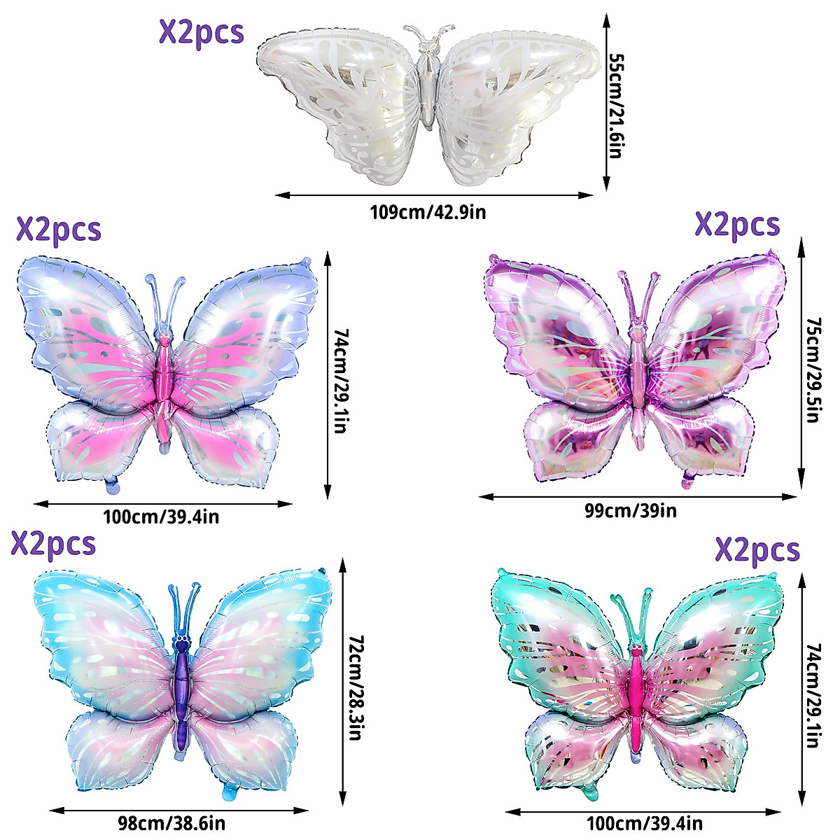 AEXHOT 10 PCS Butterfly Balloons, Gradient Giant Butterfly Foil Mylar Balloon Butterfly Birthday Decorations for Butterfly Theme Birthday Party Wedding Supplies (Purple, Blue,Green)