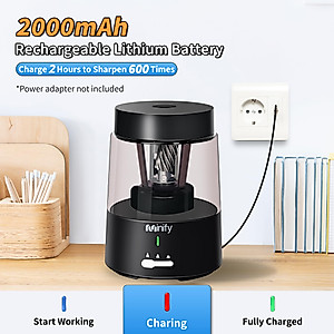 Pencil Sharpener Minify Electric Pencil Sharpener Heavy Duty Blade Rechargeable Battery Powered Pencil Sharpeners for 6-8mm Colored Pencils Auto Stop Fast Sharpen in 3s Ideal for Office/School/Home