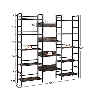5-Shelf Wide Bookshelves, Industrial Retro Wooden Style Large Open Bookcases, 69.3''L x 11.8''W x 70.1''H, Dark Grey