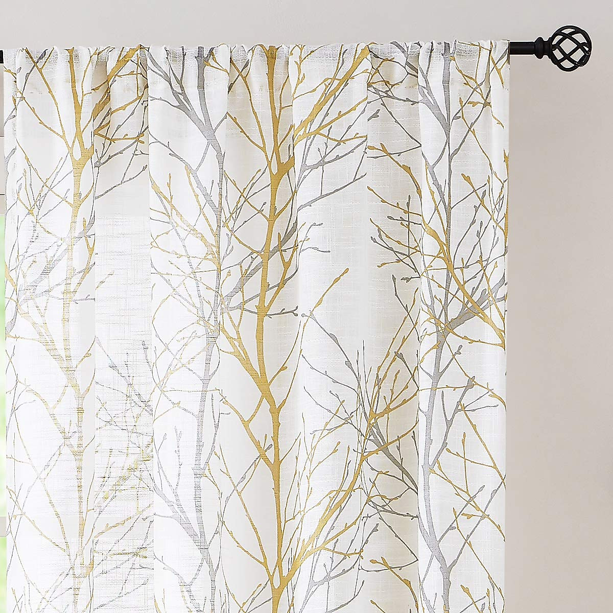 FMFUNCTEX Print Yellow Grey White Curtains for Living Room Linen Textured Tree Branches Pattern Window Treatment Set for Bedroom Window Drapes 50" W x 96" L - (2 Panels) Rod Pocket