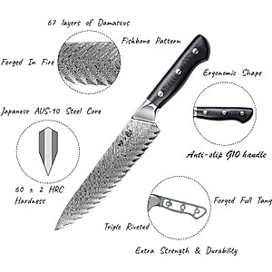 SIXILANG Knife Set, 3 PCS Professional Damascus Chef Knives, 67 Layer Japanese AUS10 Steel Core Forged Kitchen Knives, Well-Balanced Full Tang Handle Triple Rivet Handle - Black Gift Box