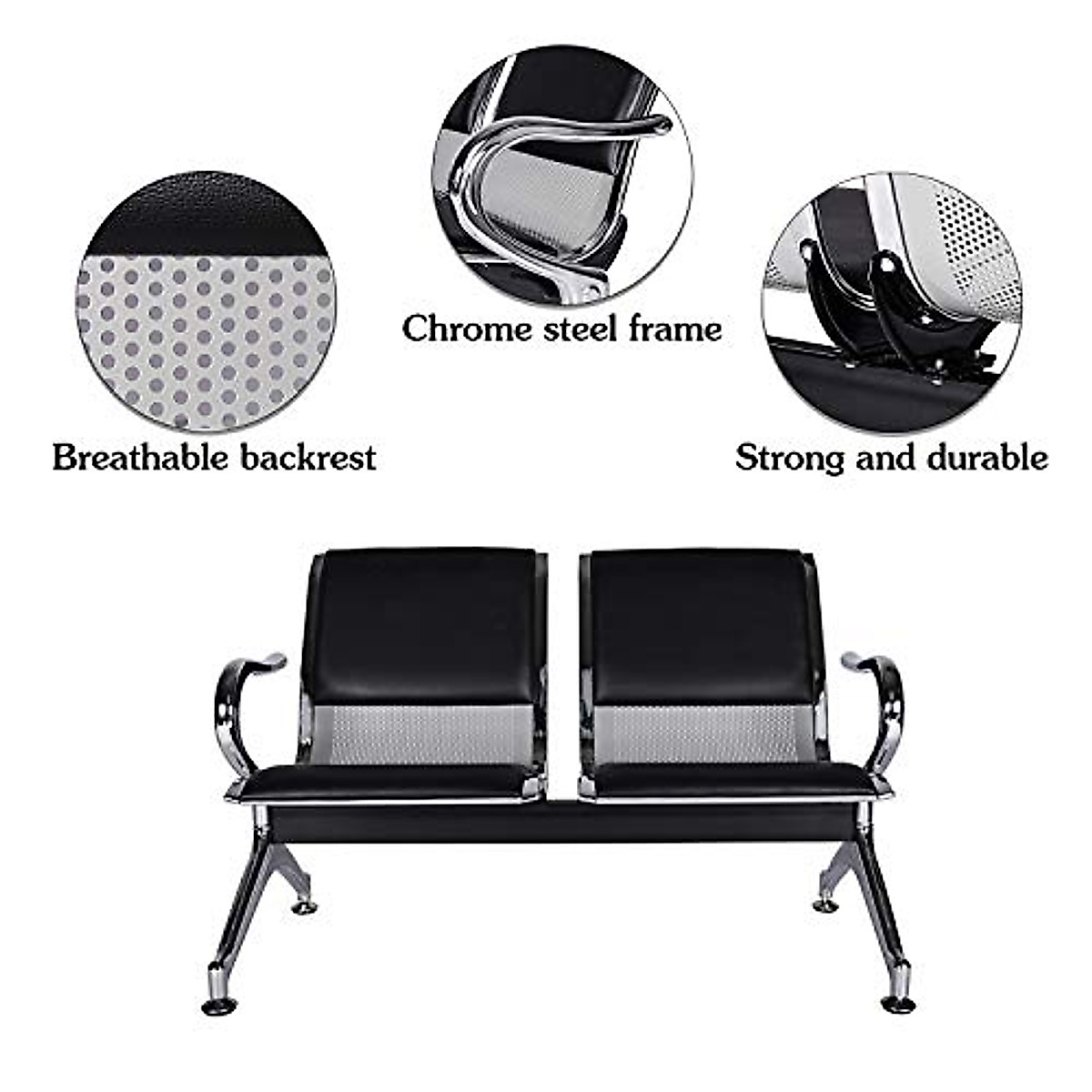 Kinsuite 2-Seat Waiting Room Reception Chair with Arms Office Guest Chairs & Reception Chairs PU Leather for Airport Office Bank Hospital Seat Bench