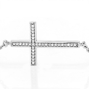 Gem Stone King Solid 10K White Gold 0.5 Inch White Diamond Cross Tennis Bracelet Fits 6.5 Inches Religious Jewelry For Women