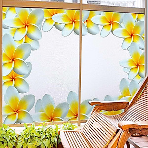 White Yellow Home Window Privacy Film Removable Frosted Glass Window Film for Home, Office, Bedroom, Shower, Hawaiian Frangipani Blossoms Exotic Glass Films 17.7Wx23.6L-inch x2 Pcs