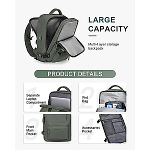 VECAVE Carry On Backpack for Women,Large Travel Backpack Flight Approved,Waterproof 17 Inch Laptop Backpack Business Work Backpacks Men Mochila De Viaje DarkGreen