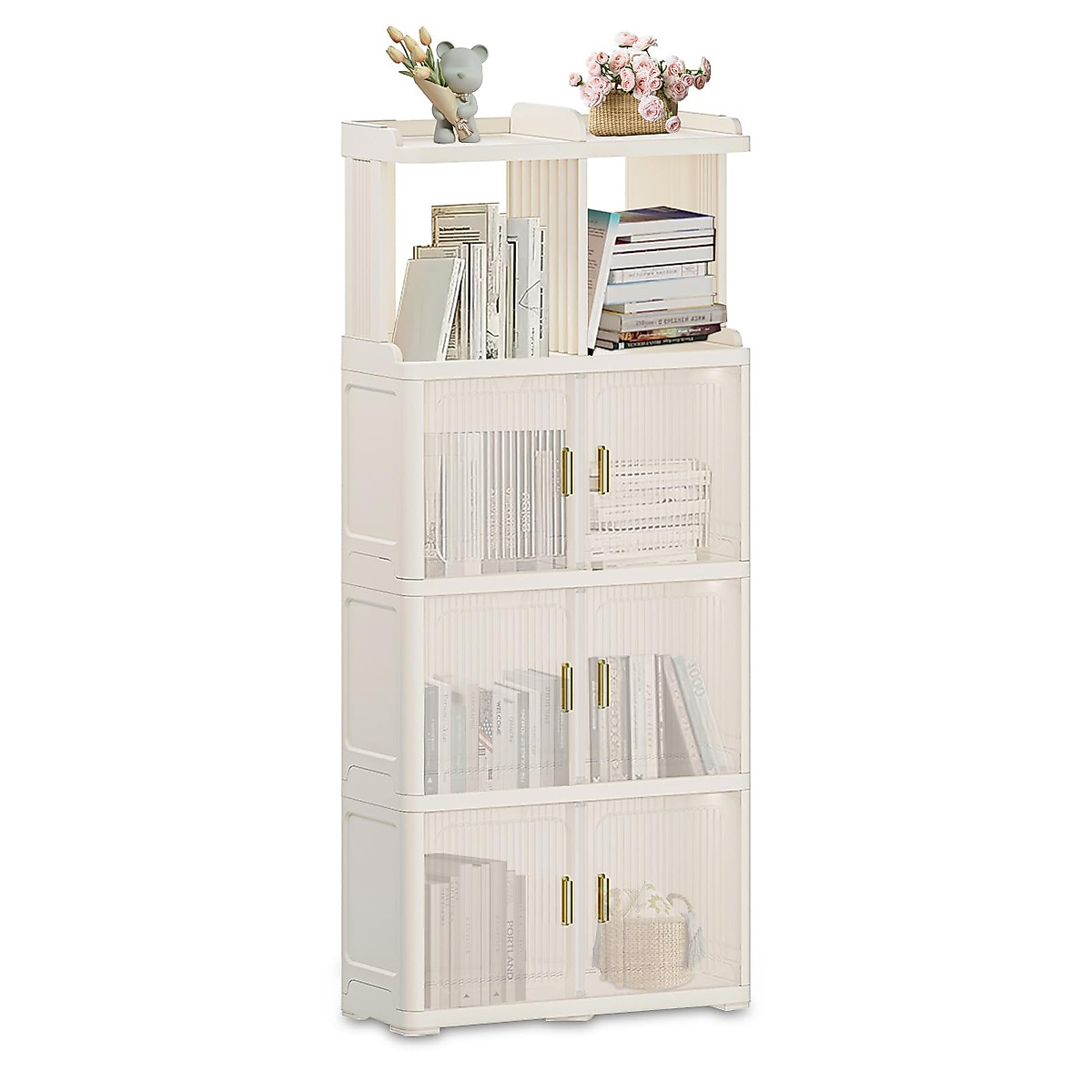 MU TU HD 5 Tier Bookcase with Doors, Floor Standing Bookshelf with Storage, Display Storage Book Shelf Organizer Storage Shelves for Bedroom Bathroom Kitchen