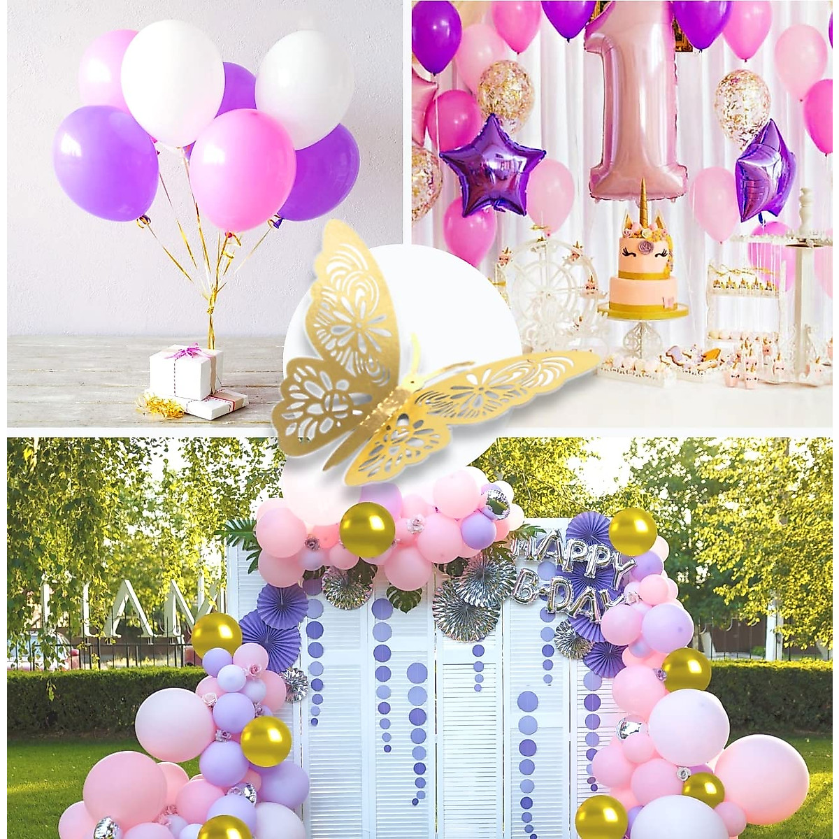 Pink and Purple Balloon Garland Kit - 118pcs Pink and Purple Balloons with Gold Butterflies - Perfect for Butterfly Party Decorations, Baby Shower Decorations, Girls' Birthday and Wedding.