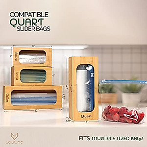 Wolfline Ziplock Bag kitchen drawer organizer, Bamboo plastic bag holder, Premium food storage bag organizer for gallon quart sandwich and snack, Bigger box size for quart slider bags, Silicone grip pad, 4pcs bamboo drawer organizer