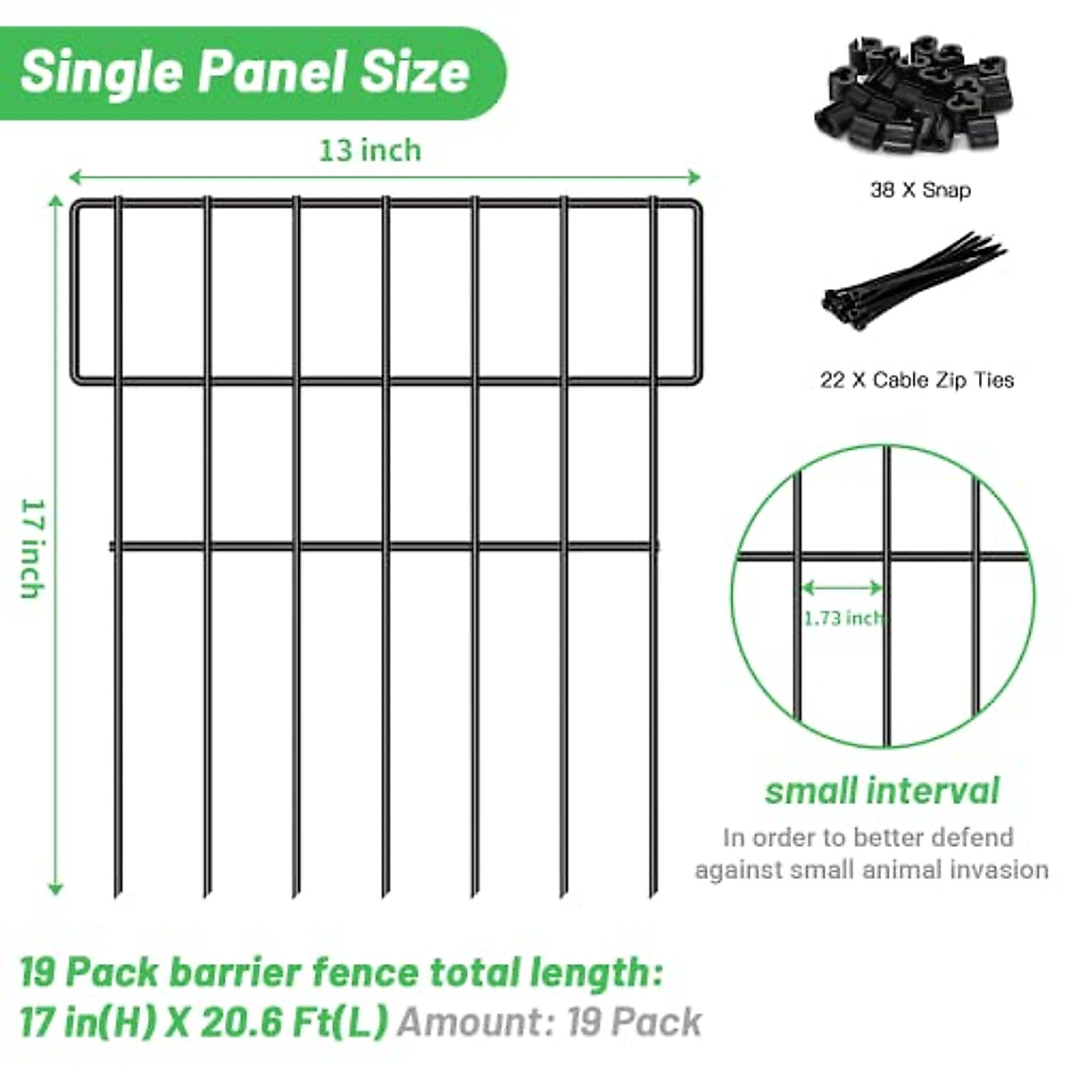 19 Pack Animal Barrier Fence - No Dig Garden Decorative Fence Rustproof Metal Wire Panel Border for Dog Rabbits Ground Stakes Defence and Outdoor Patio, T Shape. Total Length 17 in(H) X 20.6 Ft(L)