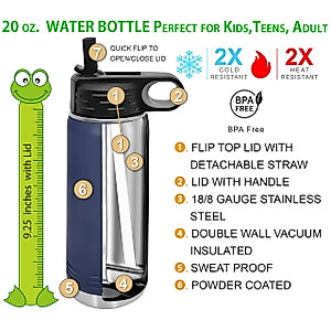 Customized Kids Water Bottle 20oz with Flip-Top Lid and Straw, Personalized Stainless Steel Insulated Flask Sports Kids Thermos Name Engraved for Birthday Boys Girls Kids Custom Gift (Navy Blue)