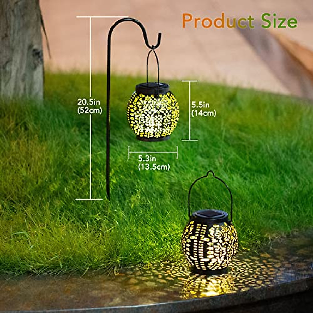 Solar Lantern Outdoor, 2 Pack Solar Hanging Lantern Lights with Shepherd Hooks, Solar Powered Lantern Waterproof with Handle, Christmas Decorative LED Garden Lights for Patio Courtyard Table Pathway