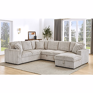 RENDGO 122“ Oversized Sectional Sleeper Sofa with PullOut Bed, U Shape Sectional Couch with Storage Chaise Lounge for Apartment Living Room, 6 Seat Corduroy Sofa with USB Port, Khaki