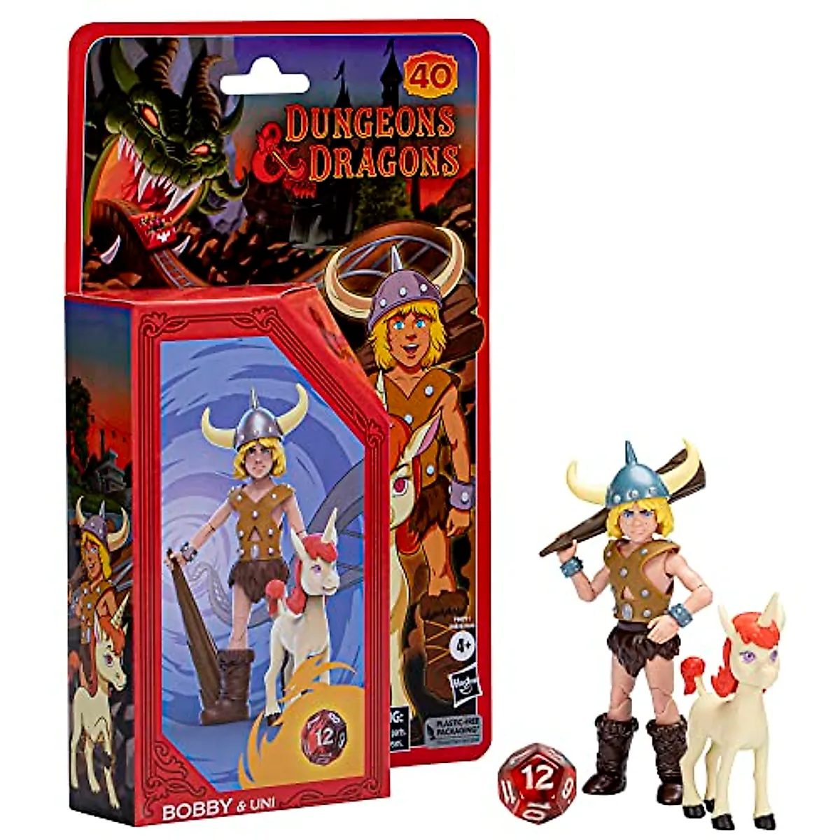 Dungeons & Dragons Cartoon Classics 6-Inch-Scale Bobby & Uni 2-Pack Action Figures, D&D 80s Cartoon, Includes d12 from Exclusive D&D Dice Set