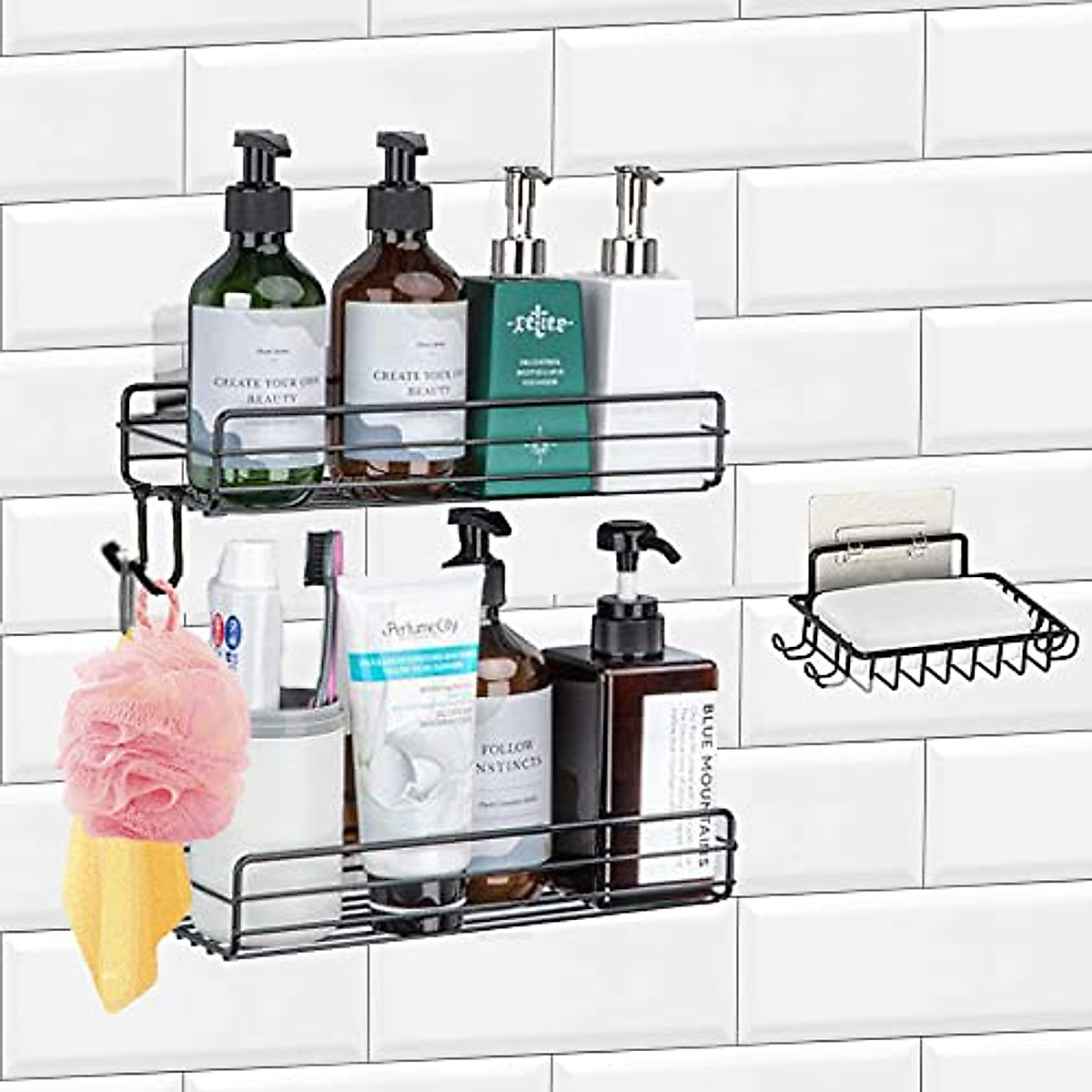 4-Pack Shower Caddy, No Drilling Adhesive Shower Shelf, Rustproof Stainless Steel Bathroom Shower Organizer Storage, Shower Shelf for Inside Shower & Kitchen Storage, Black