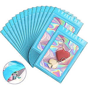 100 Pack Holographic Bags,Smell Proof Packaging Bags, Clear Window Resealable Odor Foil Pouch Mylar Bags for Food Storage and Lipgloss, Jewelry Lash (Blue, 2.4 x 3.9 Inch)