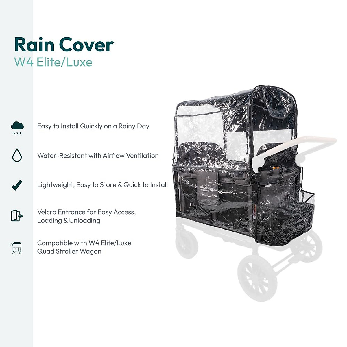 WONDERFOLD Stroller Rain Cover Made with Premium, Lightweight Transparent Sheet Featuring Small Ventilation Holes and Easy Access Hook-and-Loop Entrance (Fits Only W4 Elite/Luxe)