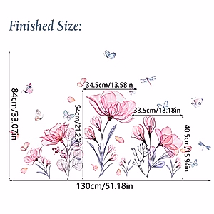 Prabahdak Pink Flowers Wall Decals Removable Butterflies Floral Flowerl Wall Stickers DIY Vinyl Self Adhesive Wall Mural for Nursery TV Background Kids Gilrs Rooms Bedroom Decoration