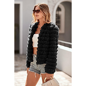 PRETTYGARDEN Womens 2024 Winter Coats Fashion Faux Fur Long Sleeve Fleece Shaggy Lightweight Fall Cropped Jacket Outerwear (Black,Medium)