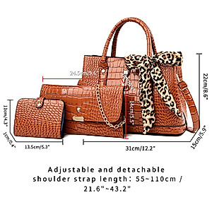 JHVYF Women Classic Shoulder Bag Lady Faux Patent Leather Tote Bags Retro Handbags With Leopard Print Ribbon Bow Crossbody Bag 3pcs Set Brown