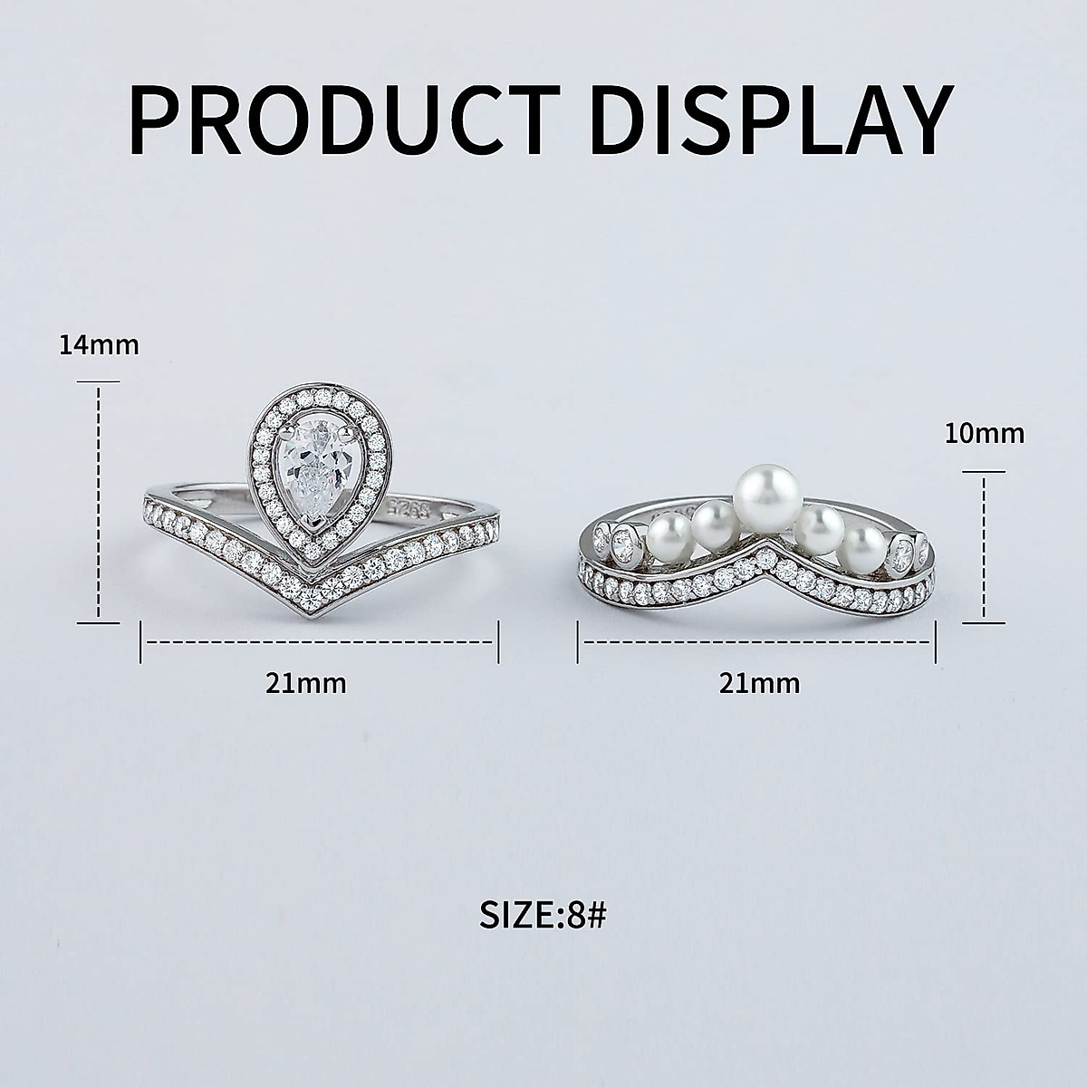 Kemstone 925 Sterling Silver Rings Water Droplets and Pearl 2 Piece Ring Sets for Women (8)