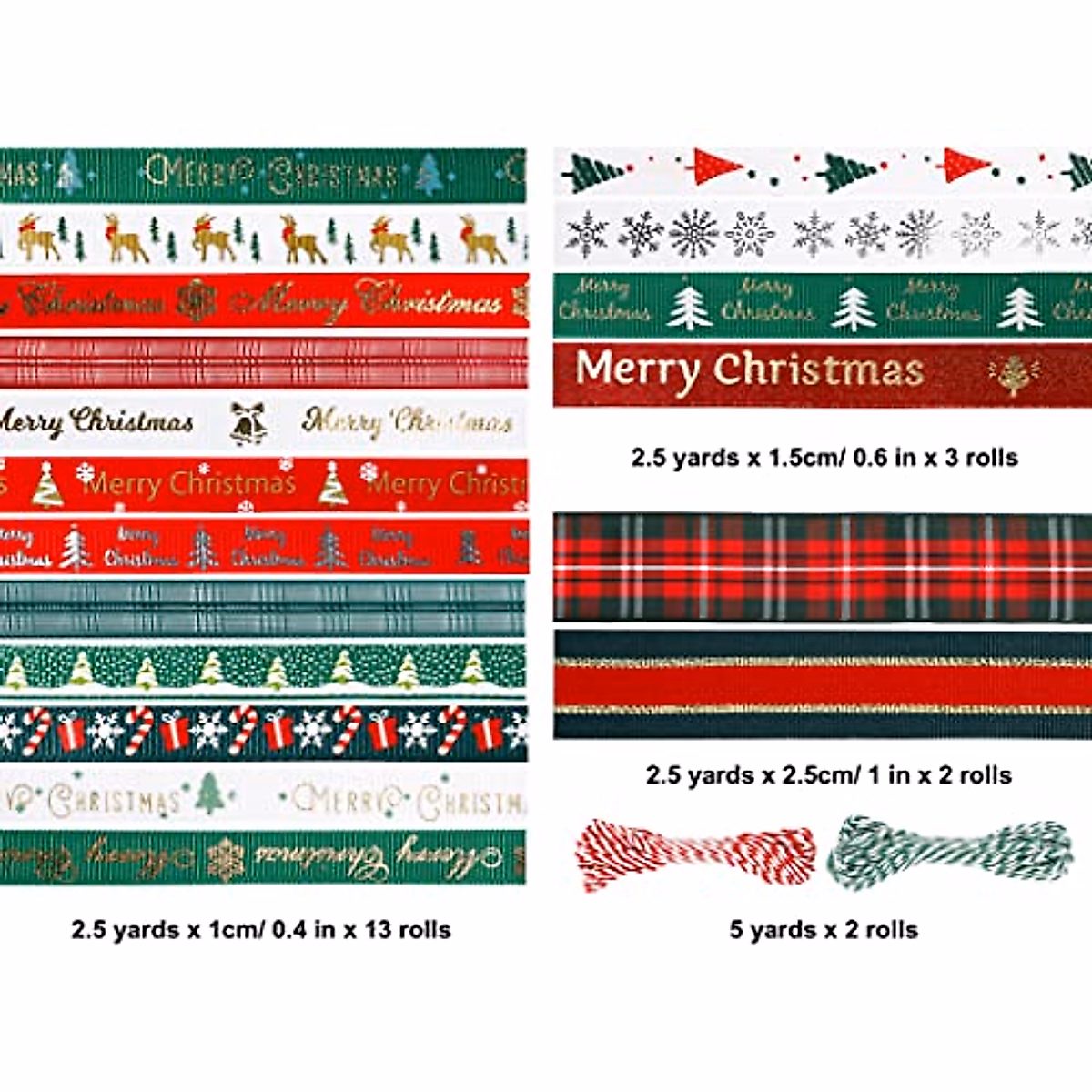 WELTOKE Christmas Ribbons Holiday Grosgrain Satin Ribbons for Christmas Gifts Wrapping Christmas Tree Decorations Festival DIY Crafts Wedding Hair Bows Party Favor(20 Pcs 3 Sizes 55 Yards)