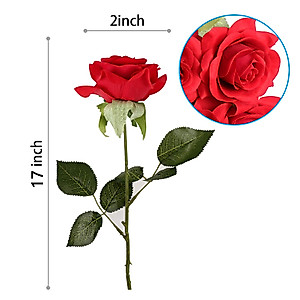 Artificial Roses Fake Silk Flowers Real Touch Long Stem for Wedding Party Home Office Outdoor Craft Decoration, Pack of 10 (Red)