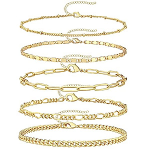 Reoxvo Gold Bracelets Jewelry Gifts Set for Women Fashion Dainty Gold Adjustable Layered Link Chain Bracelet Pack for Women 14K Real Gold Cute 5pcs