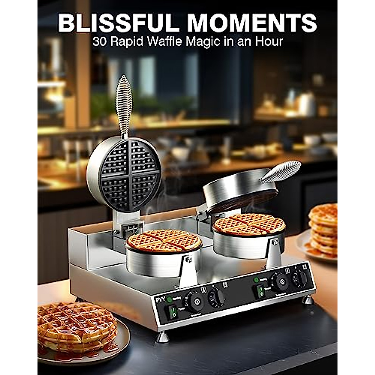 Commercial Waffle Maker PYY Double Waffle Maker Large Stainless Steel Waffle Maker Silver Non-stick Electric Chaffle Maker for Restaurant Party Food Stall