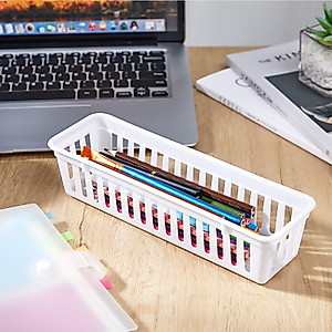Domensi 24 Pcs Slim Plastic Storage Baskets Tray for Organizing 10.25 x 3.25 x 2.5 Inch Small Storage Bins Stackable Drawer Pencil Trays Holder for Desk Garage Office Containers(White)
